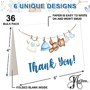 JarThenaAMCS 36 Pack Blue Clothesline Baby Shower Thank You Cards with Envelopes Stickers Onesie Boy Baby Cloth Blank Gratitude Note Cards Gift for Birthday Gender Reveal Party Supplies