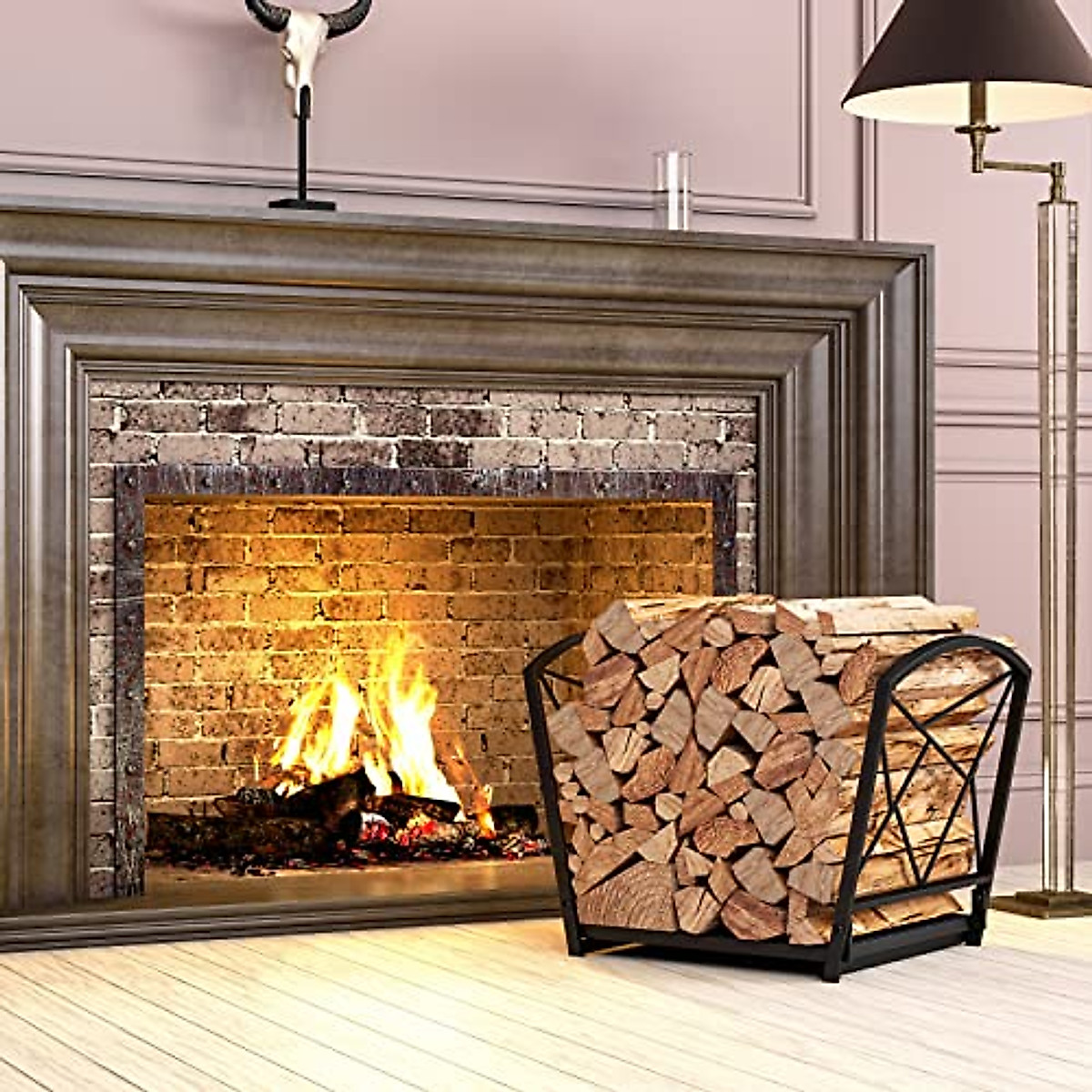 Fire Beauty Firewood Log Rack, Iron Wood Lumber Storage Holder for Fireplace, Heavy Duty Log Storage Bin for Firepit Stove Accessories