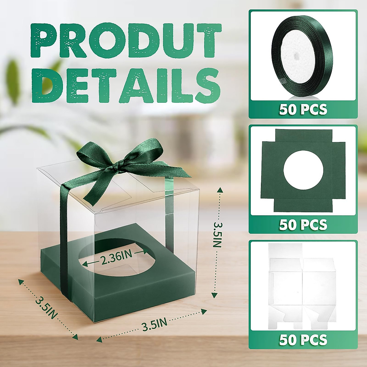 Thenshop 50 Pcs Clear Cupcake Boxes Individual 3.5 Inch Plastic Single Cupcake Containers Boxes with Inserts and Ribbon Individual Cake Storage Holders for Cake Kitchen(Green)