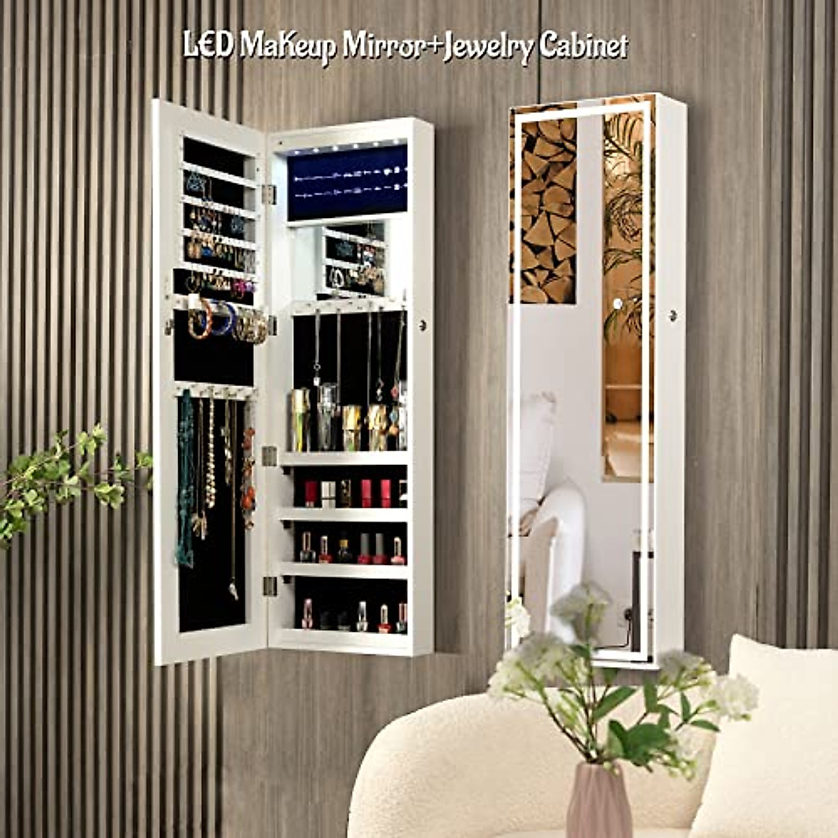 KEDLAN Jewelry Armoire Organizer, Lighted Full Length Mirror with Jewelry Cabinet,LED Wall/Door Mounted Jewelry Box for Women,Makeup Organizers and Storage with Magnetic Lock,White