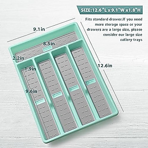 Joequality Silverware Organizer with Icons，Plastic Cutlery silverware Tray for Drawer，Utensil Flatware Tableware Organizer for Kitchen with Non-slip TPR,Fits Standard Drawer,5-Compartment,Light Blue