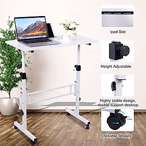 KLSMYHOKI Standing Desk Adjustable Height, Mobile Stand Up Desk with Wheels Small Computer Desk Rolling Desk, Portable Laptop Desk White Standing Table Home Office Desks 16"x31.5" Height 27"-43.5"