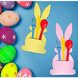36 Easter Utensil Cutlery Holders Bunny Rabbit Shape Silverware Paper Pouch Sleeve Pockets Spring Table Place Settings Tableware Party Supplies Decoration Pink Blue Yellow Green for Knife Forks Spoons