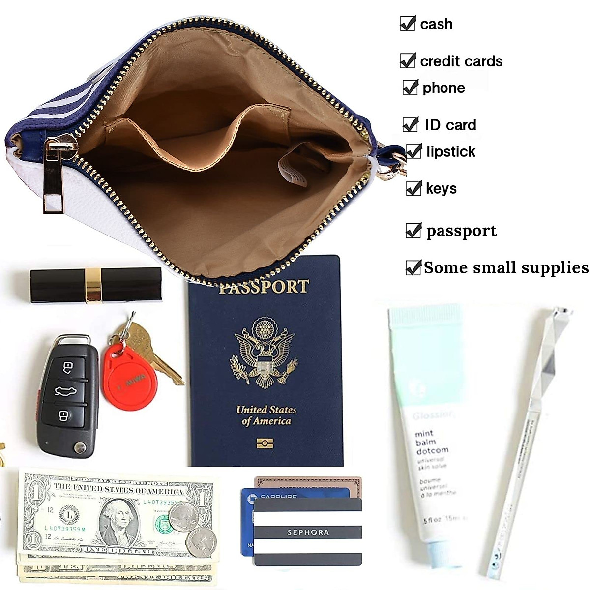 Small Anchor Wristlet Wallet Purse for Women Faux Leather Bag Handbag with Zipper Blue