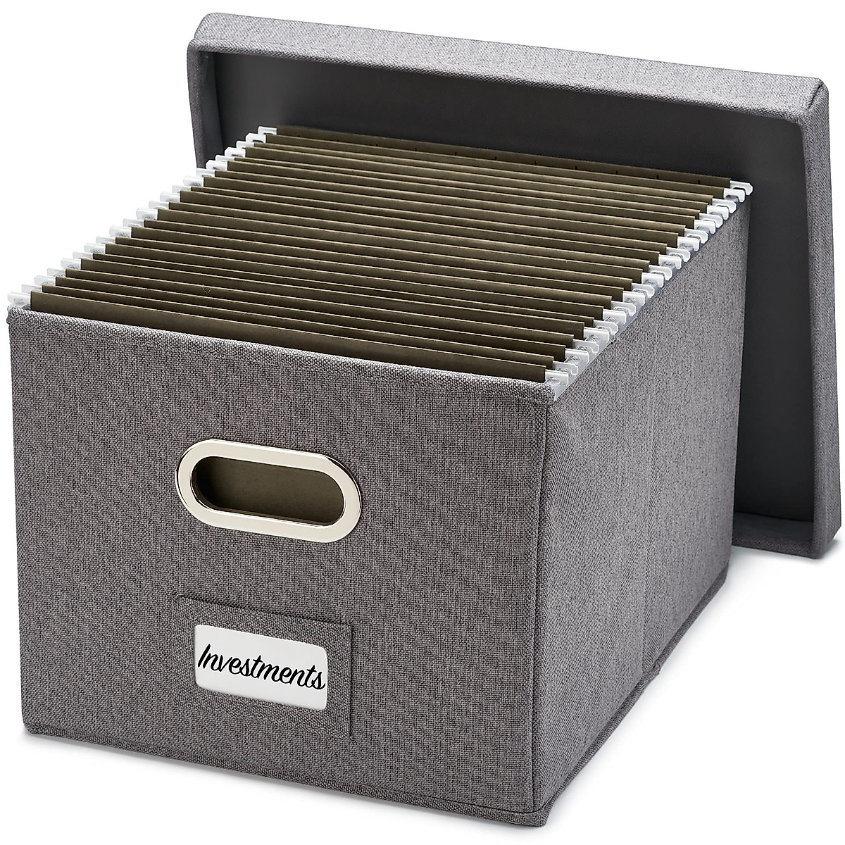 ZICOTO Decorative File Organizer Box Set of 2 - Collapsible Linen Filing Cabinets for Space Saving File Folder Storage - Easy Slide File Crates Store Your Hanging Files In Style