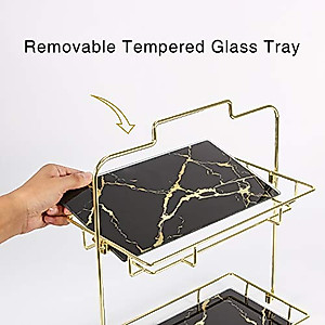 Simmer Stone Makeup Organizer Shelf, 2 Tier Cosmetic Storage Basket with Removable Glass Tray, Wire Vanity Organizer Rack for Dresser, Countertop, Bathroom and More, Gold