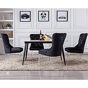 Kmax Velvet Elegant Upholstered Dining Chairs, Armless Accent Chair with Ring Pull Acrylic Legs, Set of 2 - Black