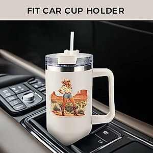 40 Oz Insulated Tumbler with Handle and Straw,Hat Girl In Desert Stainless Steel Vacuum Insulated Travel Mug,Leak-proof Water Bottle Iced Coffee Cup,Rustic Cartoon Western Cowgirl
