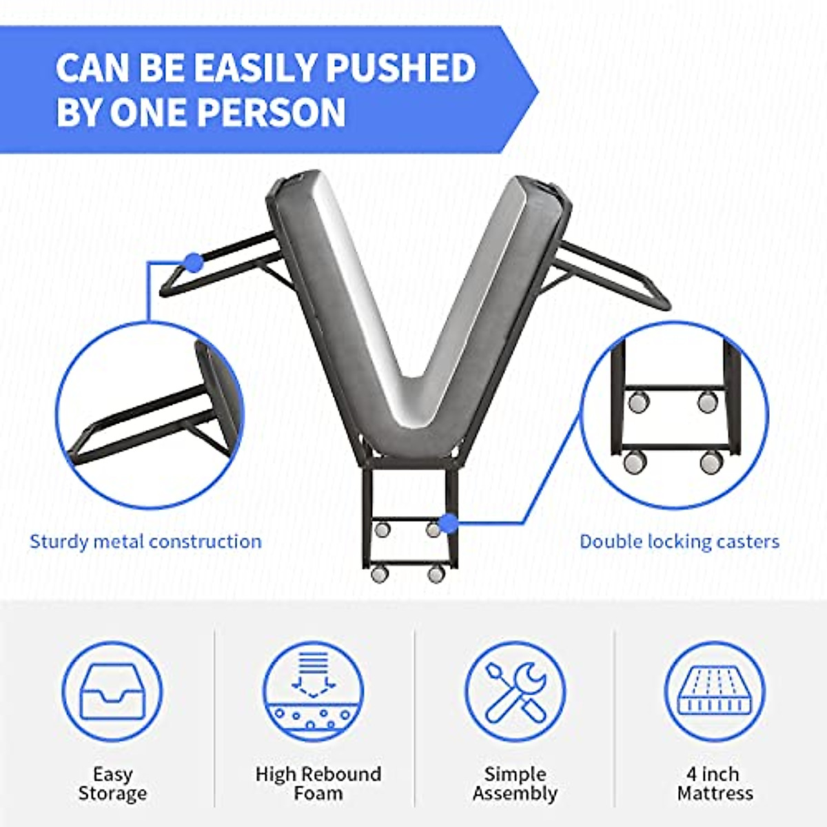 ZAFLY Folding Bed with 4 Inch Mattress,Rollaway Folding Guest Bed Fold Up Bed with Lockable Wheels,Space Saving Foldable Bed Portable Bed,Rollaway Bed with Folding Mattress for Adults,75 x 31 Inch