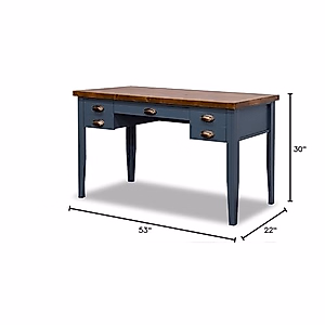 Bridgevine Home Desk, Nantucket Modern Farmhouse 3-Drawer Writing Desk, Small Desk 53 Inches, Fully Assembled Wooden Desk with Drawers, Poplar Solid Wood Desk, Blue Denim and Whiskey Finish