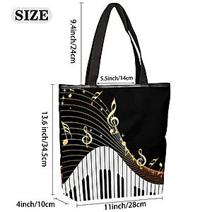 Music Theme Women's Canvas Tote Bag, Piano Keyboard Music Notes Shoulder Handbag Bags with Zip Large Beach Bag for School Shopping Business Work Travel