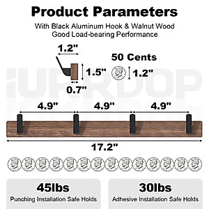 IURRDOP Black Walnut Wood Wall Mount Coat Rack with 4 Hooks, Adhesive Mounted Rustic Decorative Entryway Hooks, Mid Century Modern Natural Wooden Pegs for Hanging Coat Clothes Hat Bag Purse and Towel