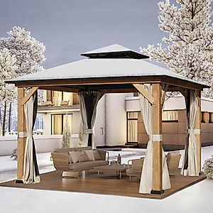 MELLCOM 11' x 11' Outdoor Cedar Wood Gazebo, Hardtop Wooden Frame Gazebo with Double Metal Roof, Solid Cedar Frame Gazebo with Privacy Curtains and Mosquito Nettings for Patios, Gardens, Backyards