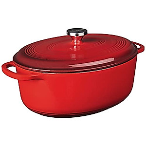 Lodge 7 Quart Enameled Cast Iron Oval Dutch Oven with Lid – Dual Handles – Oven Safe up to 500° F or on Stovetop - Use to Marinate, Cook, Bake, Refrigerate and Serve – Red