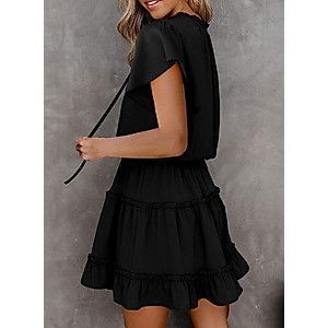 Dokotoo Womens Cute Spring Summer Casual Sexy Deep V Neck Ruffle Chiffon Lantern Short Sleeve Elegant Empire Waist Flowy Mini Short Skirt Dresses for Women Party 2025 Black US 8 10