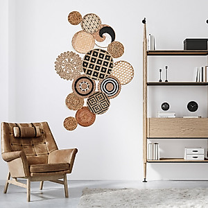 Set of 14 Boho Wall Basket Decor Round Flat Bamboo Rattan Basket Decorative Hanging Woven Basket with Macrame Tassels Handmade Wall Tapestry for Bedroom Living Room Kitchen Farmhouse Crafts