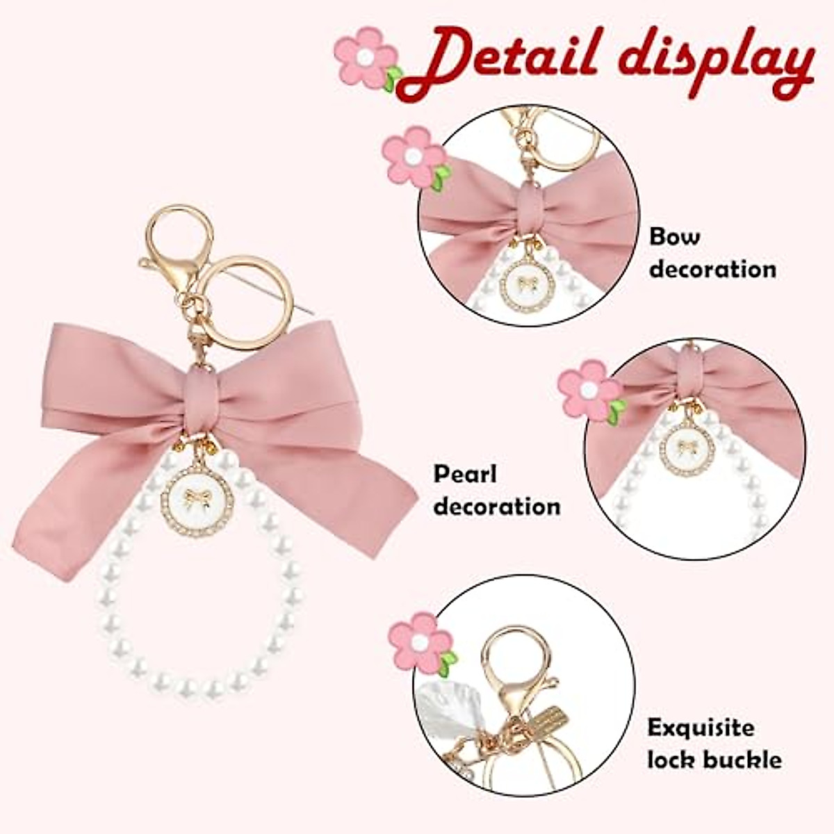 SMUOBT 2Pcs Cute Bow Keychain Wristlet for Women,Pearl Key Chains for Car Keys Pink White Bow Keychain Accessories Bag Chrams