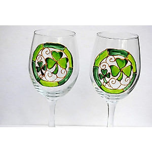 Lucky Green Shamrocks Hand Painted Stemmed Wine Glasses Set of 2