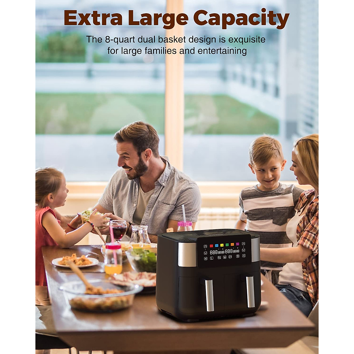 JOYAMI Air Fryer with 2 Baskets, 8 QT Dual Basket AirFryer with Sync-Finish, Nonstick and Dishwasher Safe, 6-in-1 Airfryer for Air Fry, Bake, Dehydrate, Roast, Broil & More, 1800W, Black