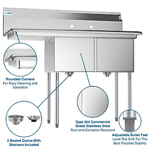 KoolMore 2 Compartment Stainless Steel NSF Commercial Kitchen Prep & Utility Sink with 2 Drainboards - Bowl Size 15" x 15" x 12", Silver, Left Drainboard