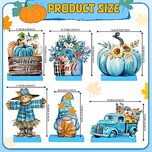 6 Pcs Thanksgiving Wooden Tabletop Decor Hello Fall Pumpkin Gnome Scarecrow Truck Wooden Table Signs Fall Table Decorations Centerpieces for Autumn Harvest Party Supplies(Classic,Blue)