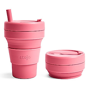 STOJO Jr Collapsible Travel Cup with Straw for Kids - Peony Pink, 8oz / 250ml - Leak-Proof Reusable To-Go Pocket Size Silicone Bottle for Hot & Cold Drinks - Camping & Hiking - Dishwasher Safe