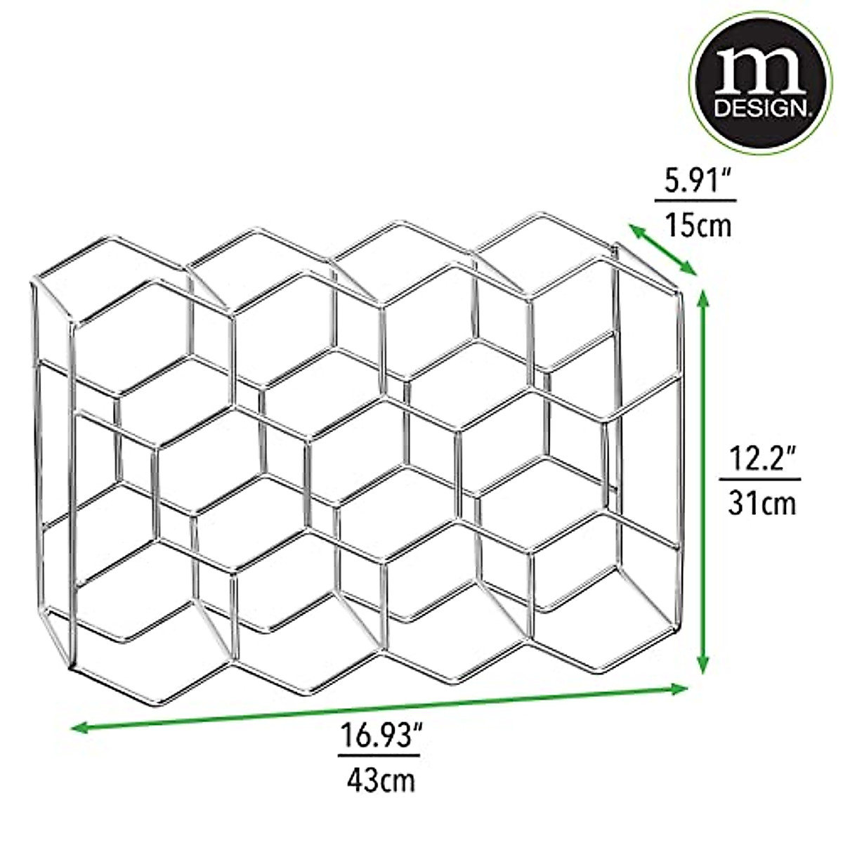 mDesign Metal Hexagon 3-Tier Wine Rack - Minimalist Bottle Holder for Kitchen Countertop, Pantry, or Refrigerator Space - Wine, Beer, Pop/Soda, Water Bottles, and Juice - Holds 11 Bottles - Chrome