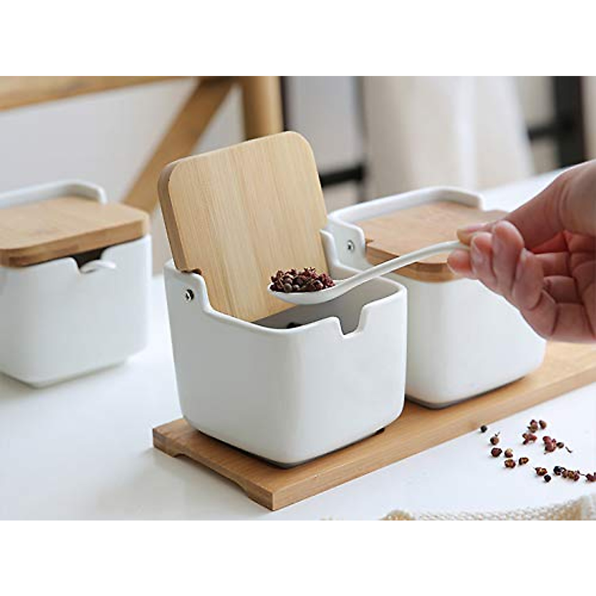 Lawei 3 Pack Ceramic Spice Jar with Lid and Spoon, Square Porcelain Condiment Jar Salt and Pepper Containers with Wooden Tray, White Pottery Cruet Pot for Sugar Bowls, Serving Tea, Coffee, Spice, Home