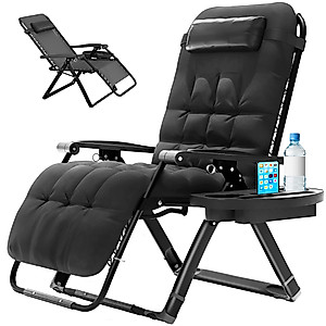 Elevens Oversized Zero Gravity Chair, 28in Reclining Patio Lounge Chair with Removable Cushion & Tray, Adjustable Headrest, Support 450 lbs, Black
