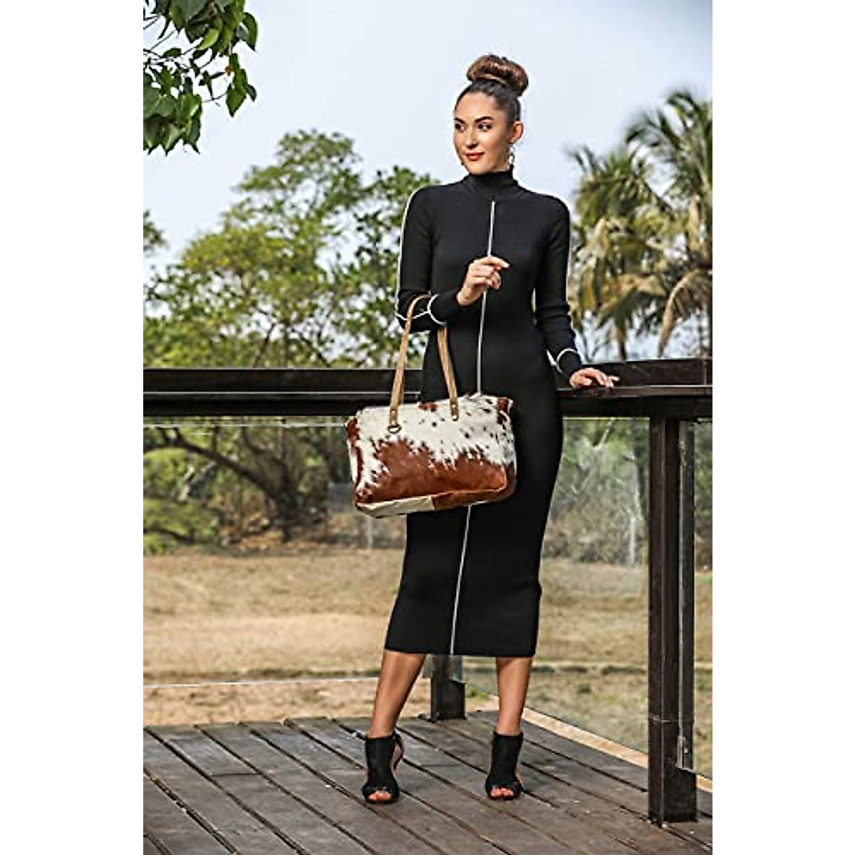 Myra Bag Fawn & White Upcycled Canvas & Cowhide Small Handbag S-1453 Brown