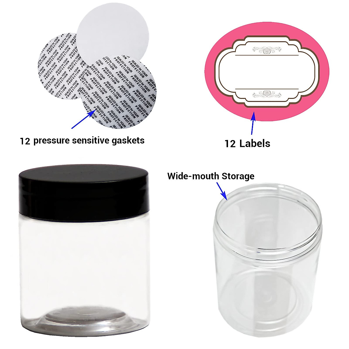 12 Pack 4 oz Plastic Jars,Wide-mouth Clear Storage Containers with Black Lids, Empty Round Clear Plastic Jars with Lids and labels for Body Butter, Bath Salt, Slime and Beauty Products