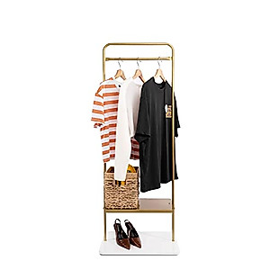 VEGAINDOOR Heavy-Duty Sturdy Clothes Rack with Wood & Metal Shelf , Freestanding Clothing Rack , Single Rod Garment Rack , Easy to Assemble Portable Clothes Rail , Storage Solution for Small Spaces