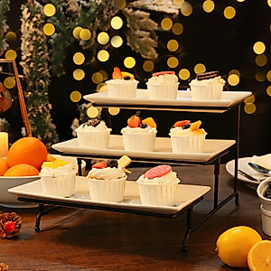 Yedio Porcelain Coffee Cups with Saucers and Metal Stand and 3 Tier Rectangular Serving Platter Bundle