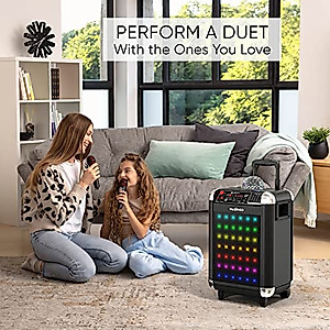 MASINGO Karaoke Machine for Adults & Kids with 2 Wireless Microphones - Portable Singing PA Speaker System w/Two Bluetooth Mics, Party Lights, Lyrics Display Holder & TV Cable - Soprano X1 Black