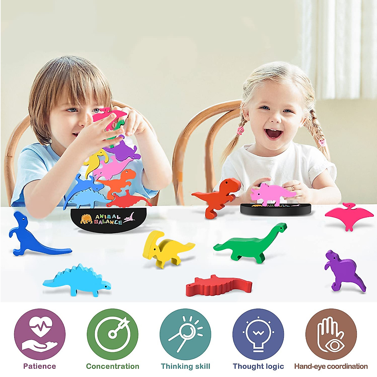 FFTROC Montessori Dinosaur Toys for 2 3 4 Year Old Boys - Wooden Stacking Dinosaur Toys for Kids 2-4 3-5, Toddler Balancing Block Sets
