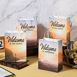 Chuangdi 50 Pcs Church Welcome Bags 5.91 x 3.15 x 8.27 Inches Religious Gift Bags Welcome to Our Church Paper Bags with Handles for Hotel Birthday Bulk Baptism Guest Party Favor Supplies (Landscape)