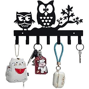FairyCity Keys Holder for Wall Metal Vintage Owl Keys Hook-27cm*17cm Home Decor Key Hanger Decorative with 7 Hooks,Black