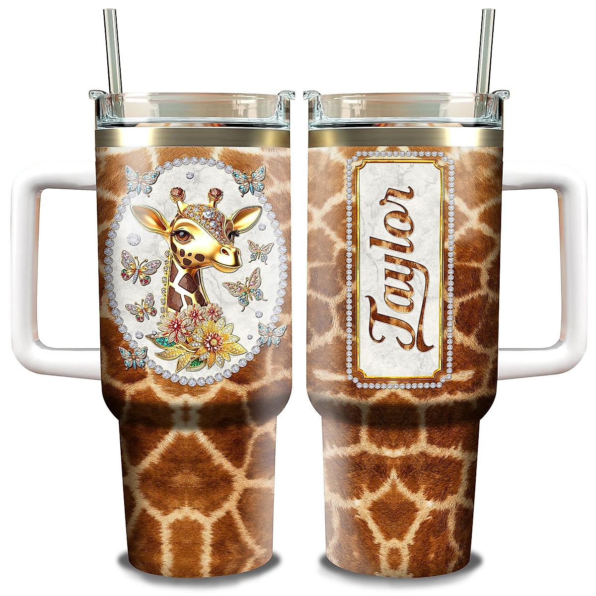 WAZONE Personalized Giraffe Lover Tumbler 40oz with Handle and Straw Custom Name Stainless Steel Insulated Travel Coffee Cup With Lid Cute Animal Lover Gifts For Women Girl on Birthday Christmas