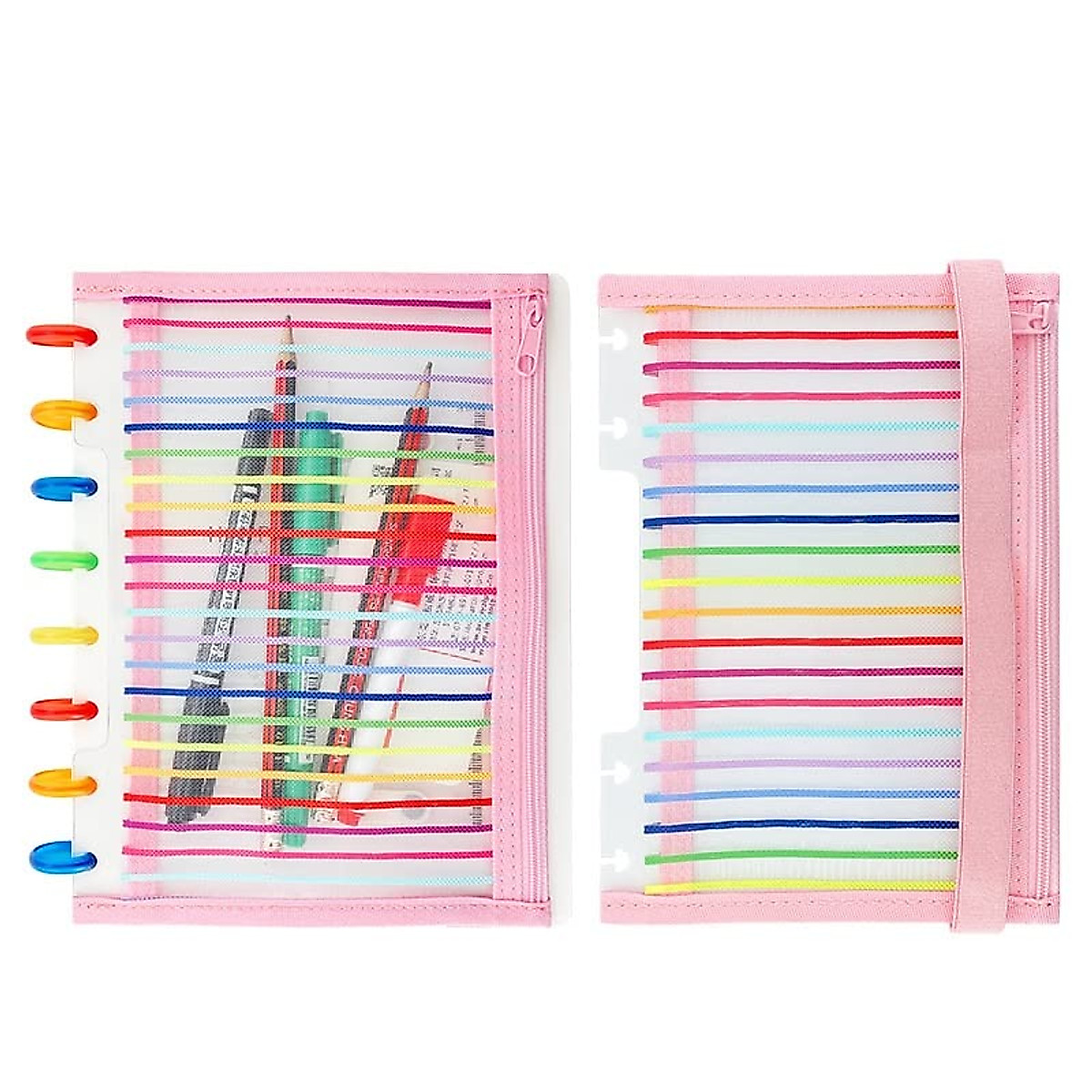 Chris.W Discbound Notebook Elastic Band Pen Holder, Junior Size Disc Bound Planner Cover Mesh Pencil Case Bag, Zipper Pouch for Pens Cards Stickers School Supplies (5.5inx8.5in, Pink with Stripe)