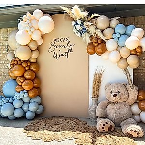 134pcs Brown Blue Balloon Garland Arch Kit,Bear Baby Shower Decoration with Double Stuffed Blue Coffee Nude Balloons for Teddy Bear Baby Shower Boho Birthday Gender Reveal Party Decorations