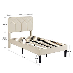 VECELO Twin Size Bed Frame Premium Leather Upholstered Platform with Height Adjustable Headboard/Mattress Foundation, Solid Wooden Slat Support, No Box Spring Needed/Easy Assembly