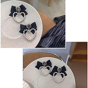 Channel V Vintage Heart Pearl Earrings Black Ribbon Bow Dangle Earrings Luxury Square Rhinestone Statement Love Pearl Jewelry Bow Tie Sparkly Party Sweet Wedding Bride Earrings Women