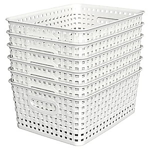 Woven Plastic Storage Basket, 6 Pack White Weave Bins Organizer, 10.1" x 7.55" x 4.1"