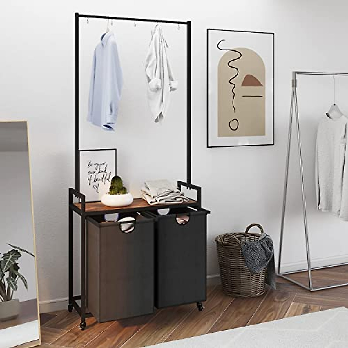 Simoretus Laundry Basket Sorter with Clothes Hanging Bar,Wooden Shelf,2 Sliding Bags, Hamper Garment Rack with Rolling Wheels for Laundry Room Bathroom Bedroom
