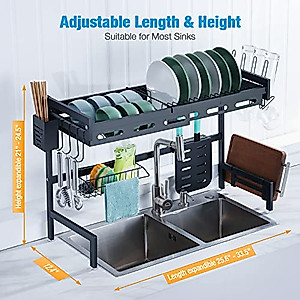 LEPO Over The Sink Dish Drying Rack, 2 Tier Stainless Steel Adjustable Length (25.6-33.5in) & Height(20.5-24.4in) Large Dish Rack Drainer with Utensil Holder for Kitchen Countertop Organizer, Black