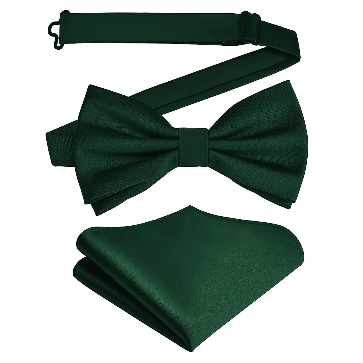 Branduce Mens Solid Dark Green Bow Tie and Pocket Square Set for Wedding Pre-tied Adjustable Satin Silk Forest Green Bowtie Handkerchief (BB01-29)