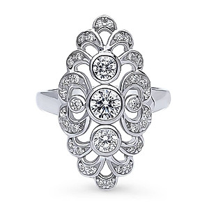 BERRICLE Sterling Silver Navette Cubic Zirconia CZ Statement Art Deco Fashion Ring for Women, Rhodium Plated Size 6