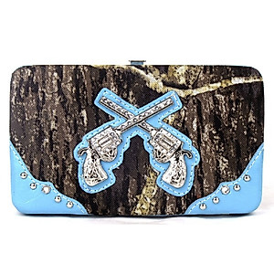 Western Handbag Camouflage Gun Pistol Pocket Camo Rhinestone Purse With Matching Wallet (BLUE)