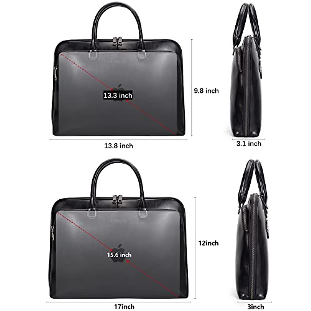 Laptop Messenger briefcase shoulder bag: Genuine Leather men 13 14 inch macbook case women work tote handbag Black
