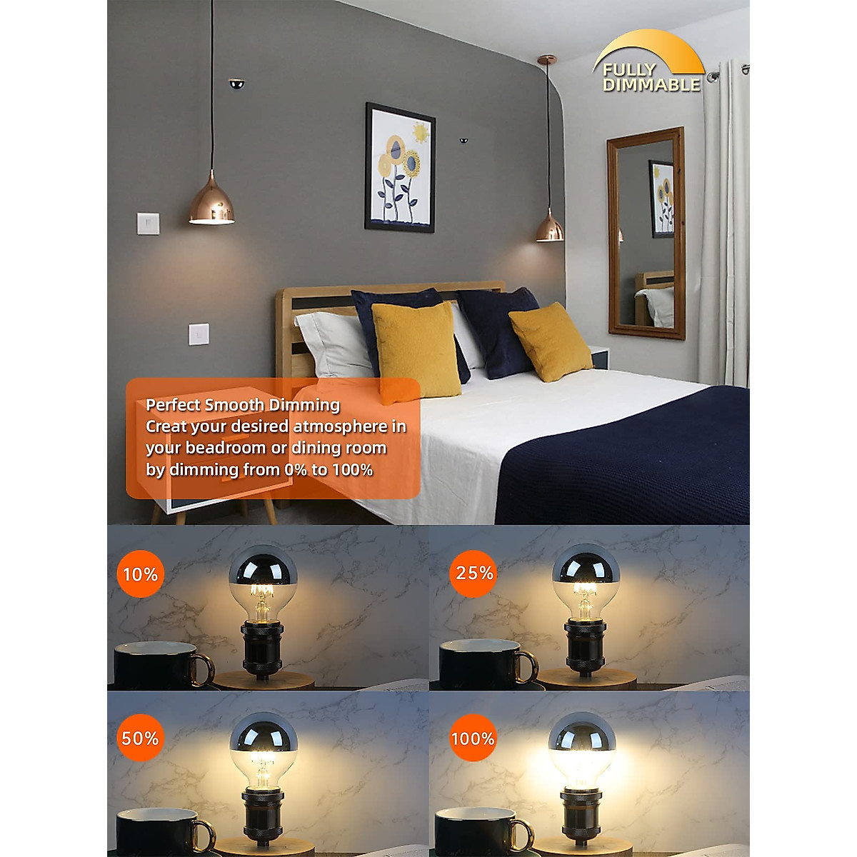 OMED 60w Equivalent Half Chrome Led 4 Pack Lights | 6Watt G25/G80 Silver Bowl Globe Shape LED Blub | Warm White 2700K Medium E26 Base Dimmable LED Filament 600 Lumens Vintage Bulb